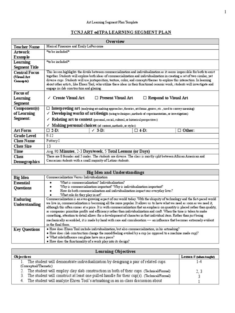 TCNJ Art Edtpa Learning Segment Plan | PDF | Experiment | Learning