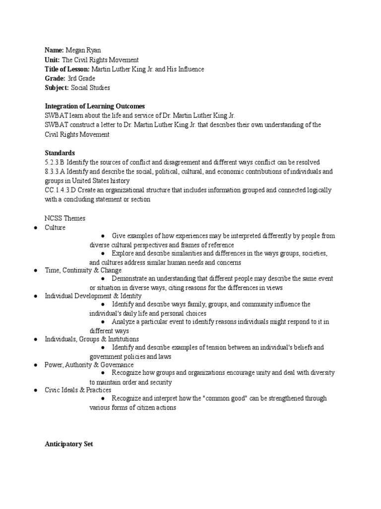 MLK Jr. Lesson Plan for 3rd Grade | PDF | Martin Luther King Jr ...