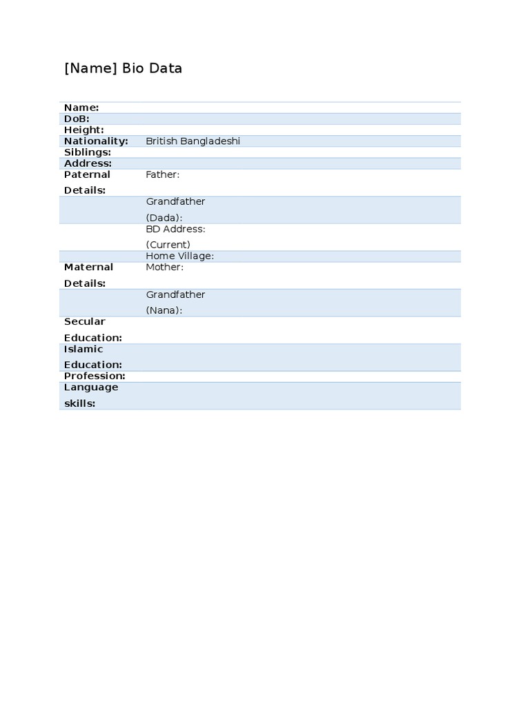 (Name) Bio Data: Name: Dob: Height: Nationality: Siblings: Address ...