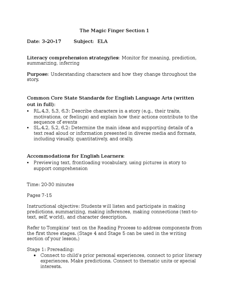 The Magic Finger Lesson Plan 1 | PDF | Reading Comprehension | Behavior ...