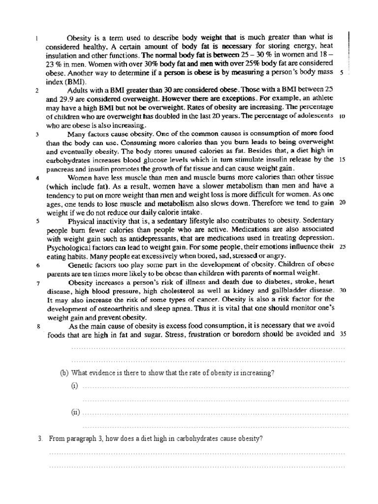 Read The Passage of Obesity and Health'. Answer The Questions That ...