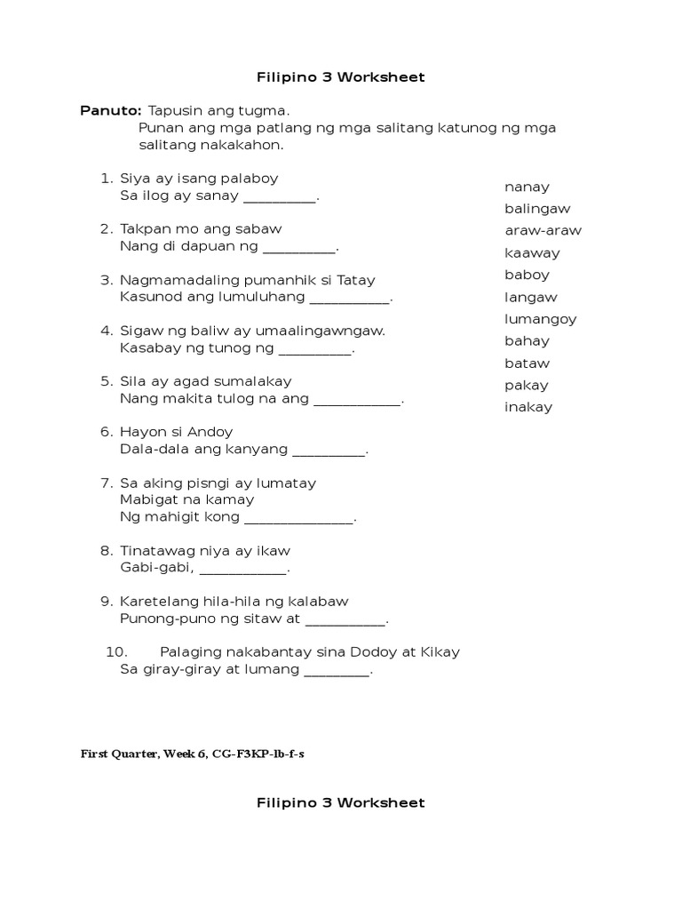Grade 3 Filipino Worksheet 2049677 | Filipino Pagbasa | Cherry Rose F.