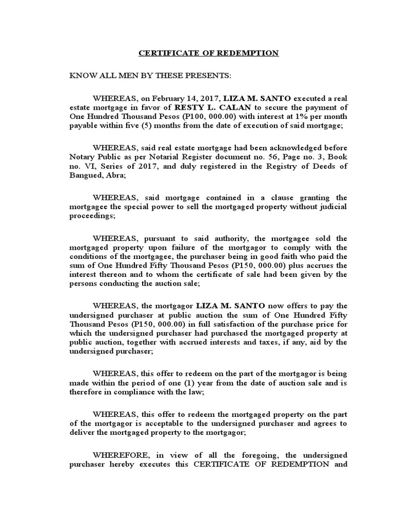 57 Certificate of Redemption | PDF | Mortgage Law | Land Law