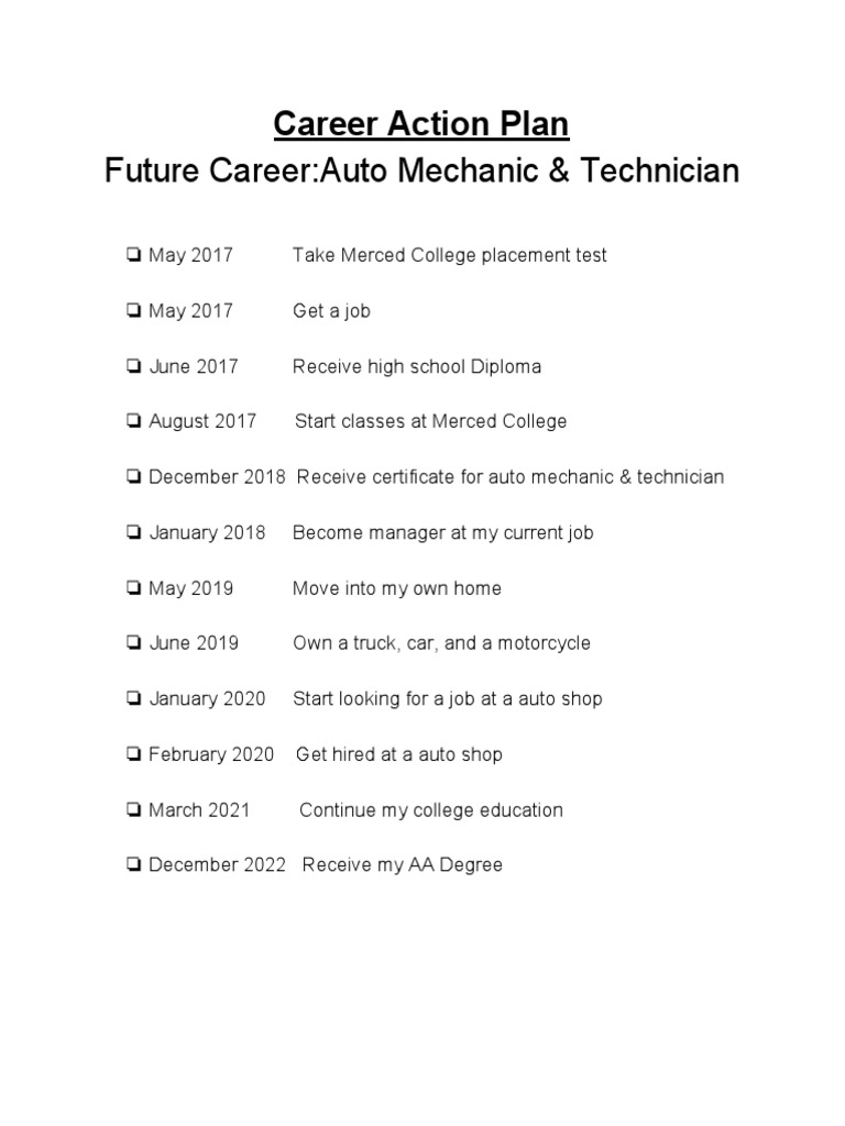Auto Mechanic Career Action Plan | PDF | Career & Growth