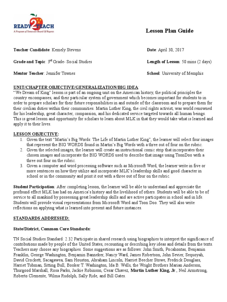 Lesson Plan Guide | Download Free PDF | Martin Luther King Jr. | Lesson ...