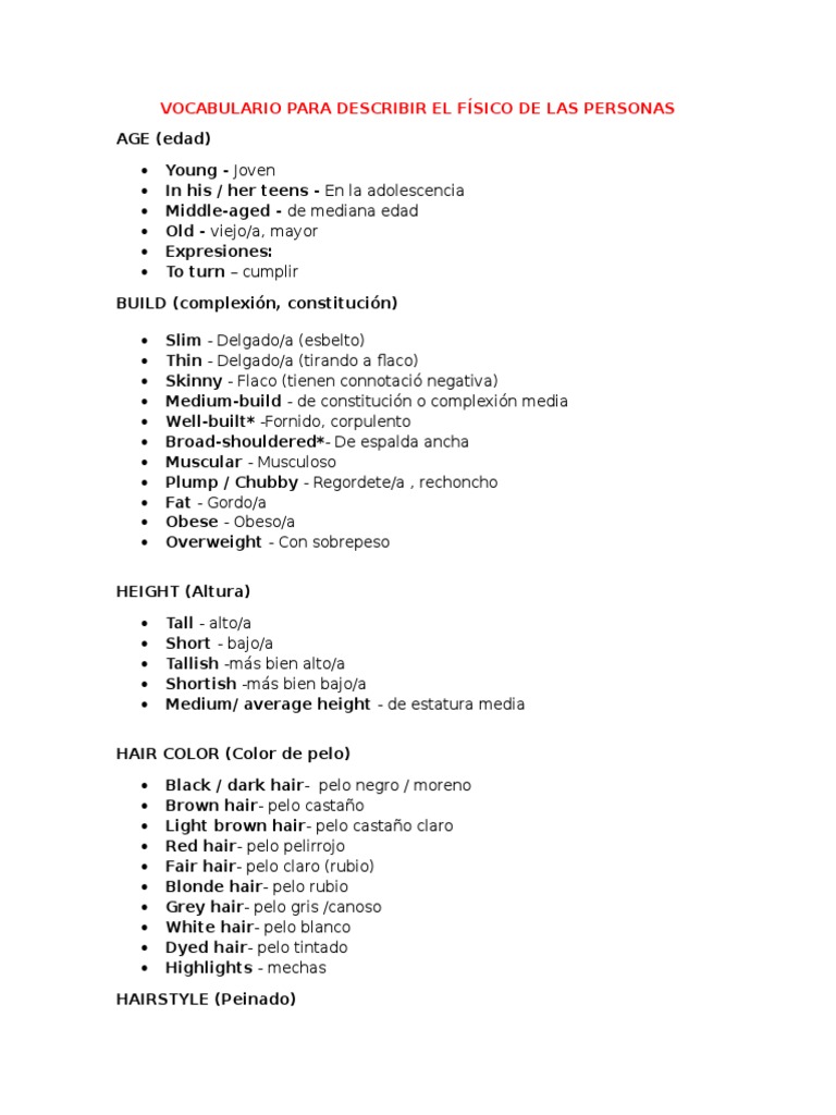 Vocabulario para Describir El Físico de Las Personas en Ingles | PDF ...