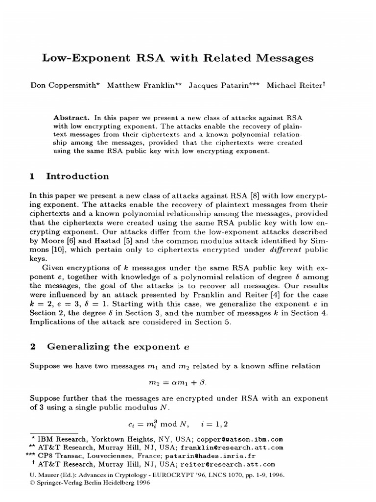 Low-Exponent RSA With Related Messages: Abstract | PDF | Secrecy ...
