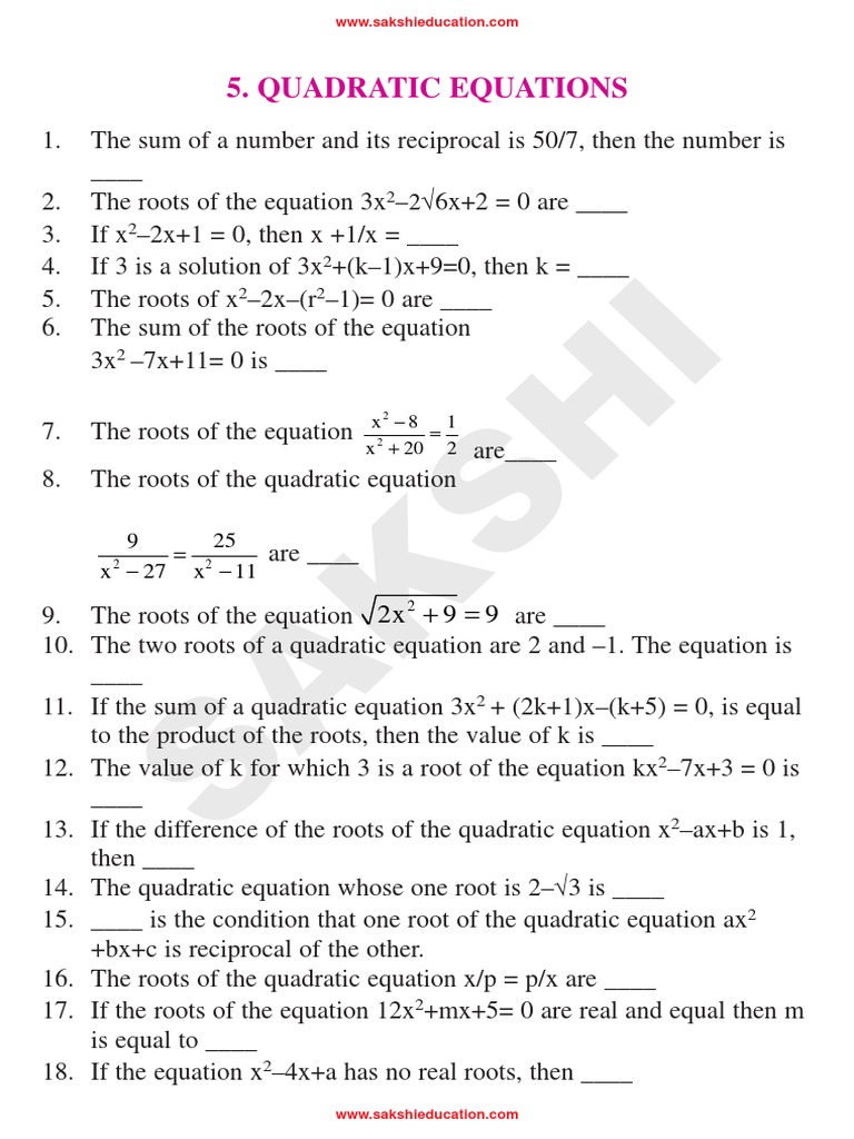 Sakshi: 5. Quadratic Equations | PDF | Quadratic Equation | Functions And Mappings