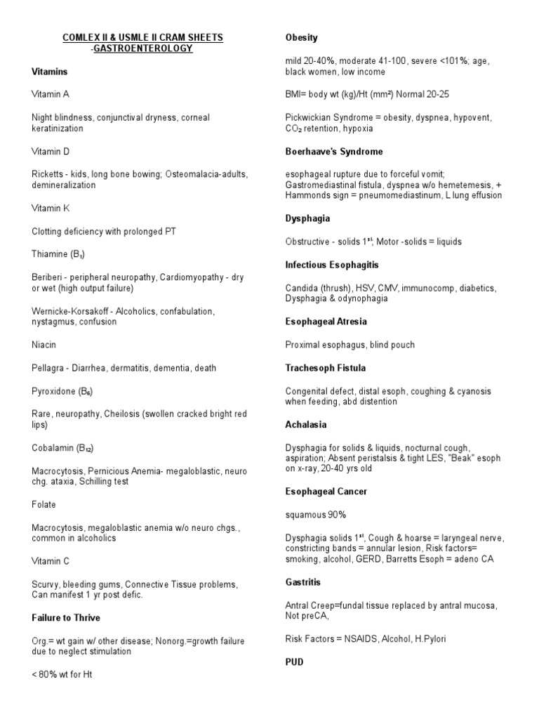 Comlex Ii & Usmle Ii Cram Sheets - Gastroenterology Vitamins Obesity ...