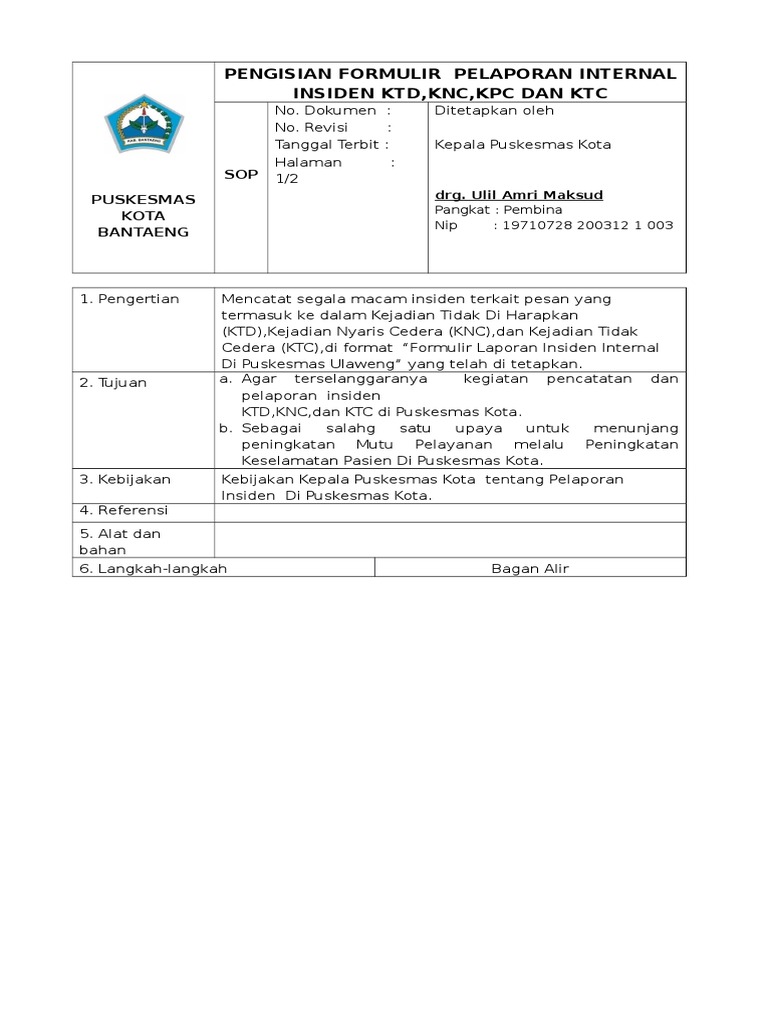 Sop Pengisian Formulir Pelaporan Internal Insiden KTD, KNC, KPC Dan KTC ...