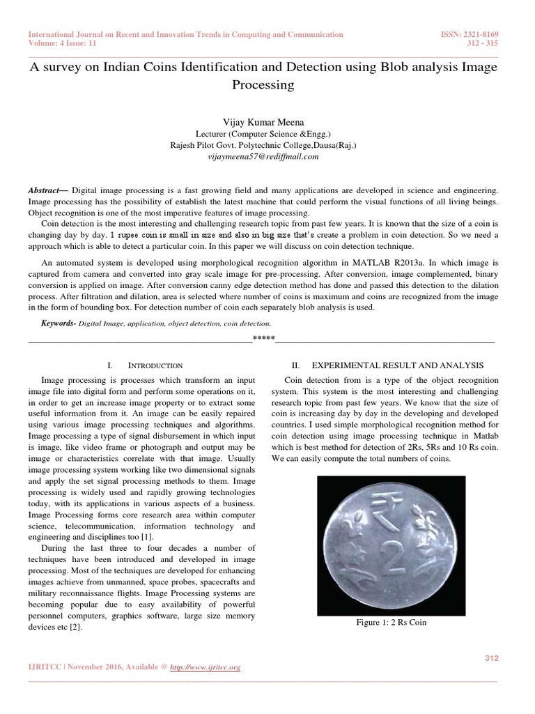 A Survey On Indian Coins Identification and Detection Using Blob ...