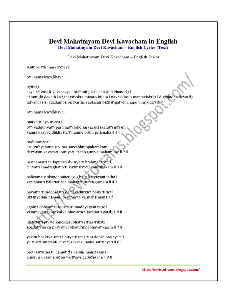 Devi Mahatmyam Devi Kavacham in English | PDF | Gender And Hinduism | Feminist Spirituality