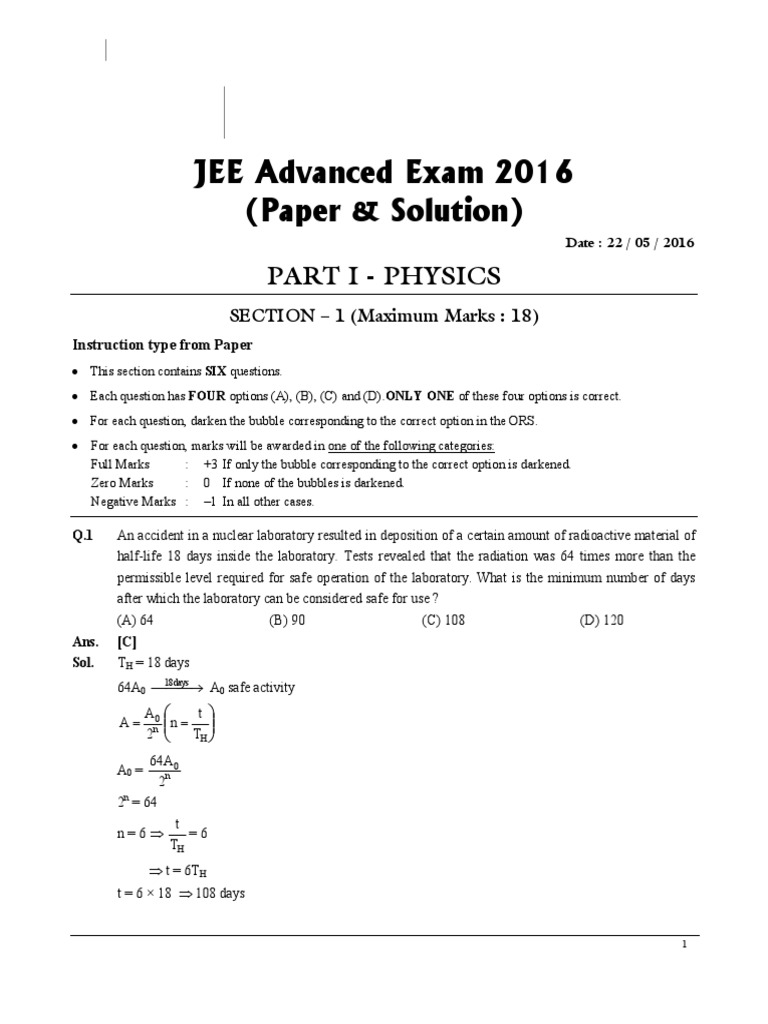 JEE Advanced Exam 2016 (Paper & Solution) : Part I - Physics | PDF ...