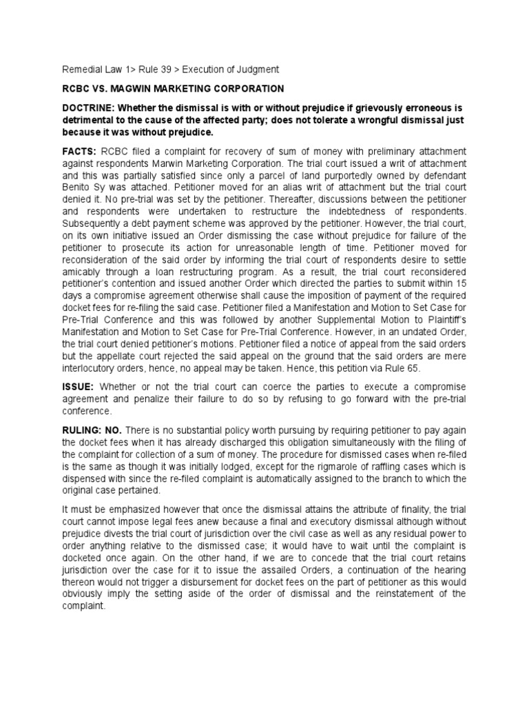 RCBC vs. Magwin | PDF | Complaint | Prejudice (Legal Term)