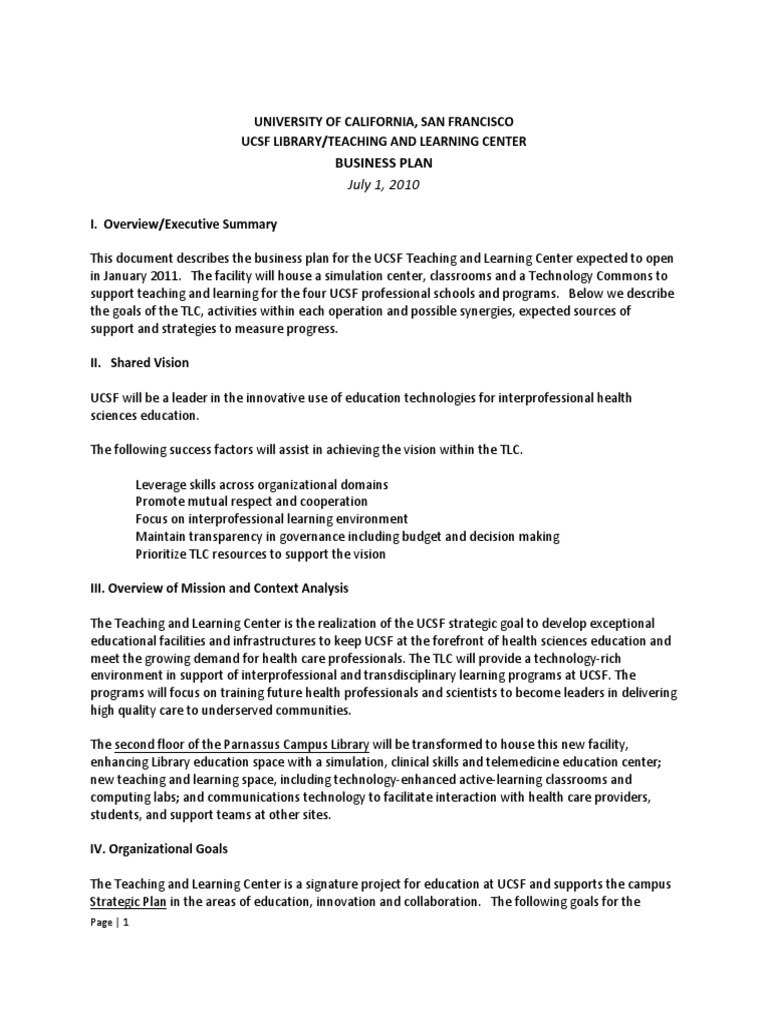 Business Plan for Teaching and Learning Center | Simulation | Health Care