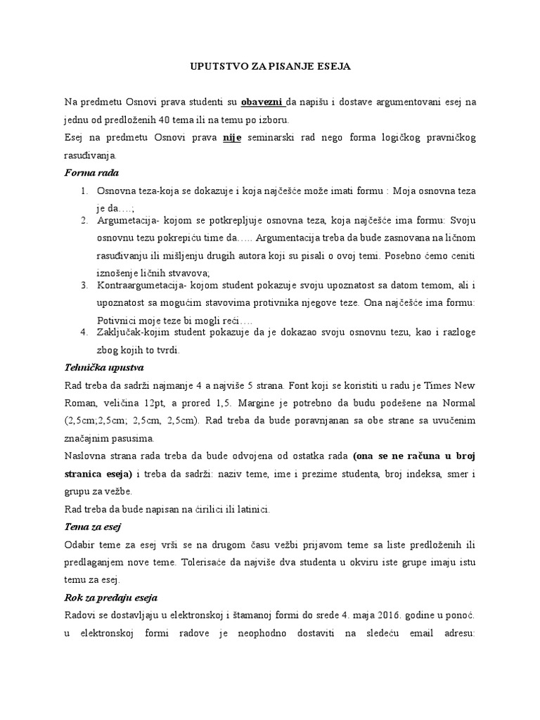 Uputstvo Za Pisanje Eseja 2017 1 | PDF