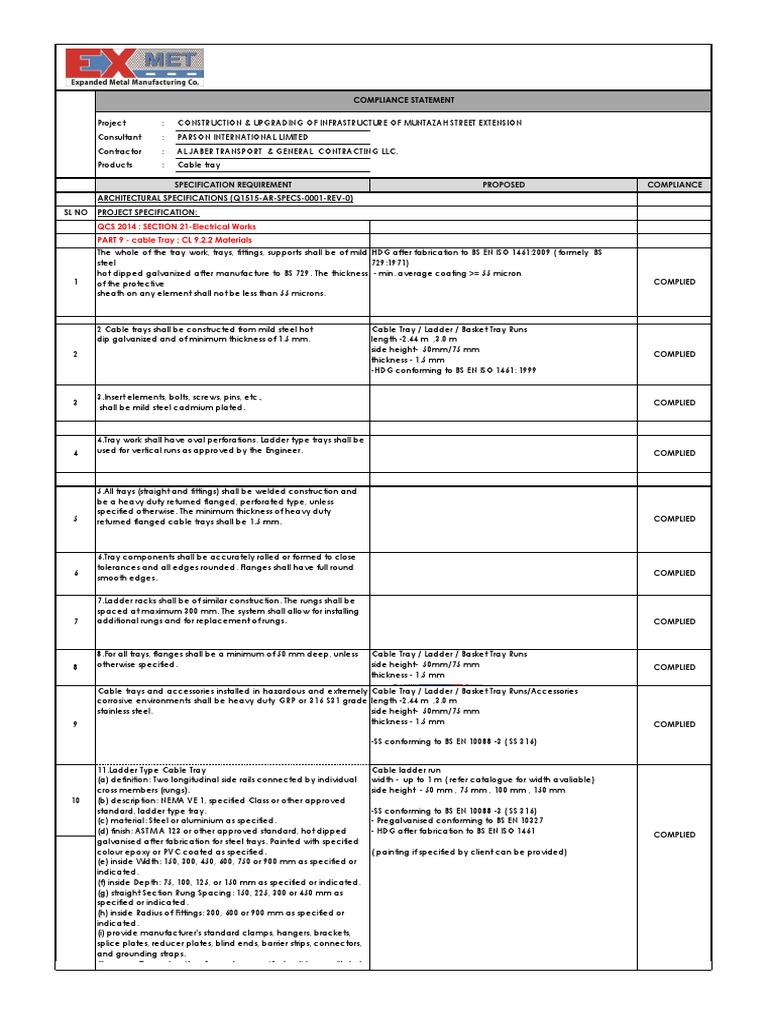 QCS 2014: SECTION 21-Electrical Works PART 9 - cable Tray ; CL 9.2.2 ...