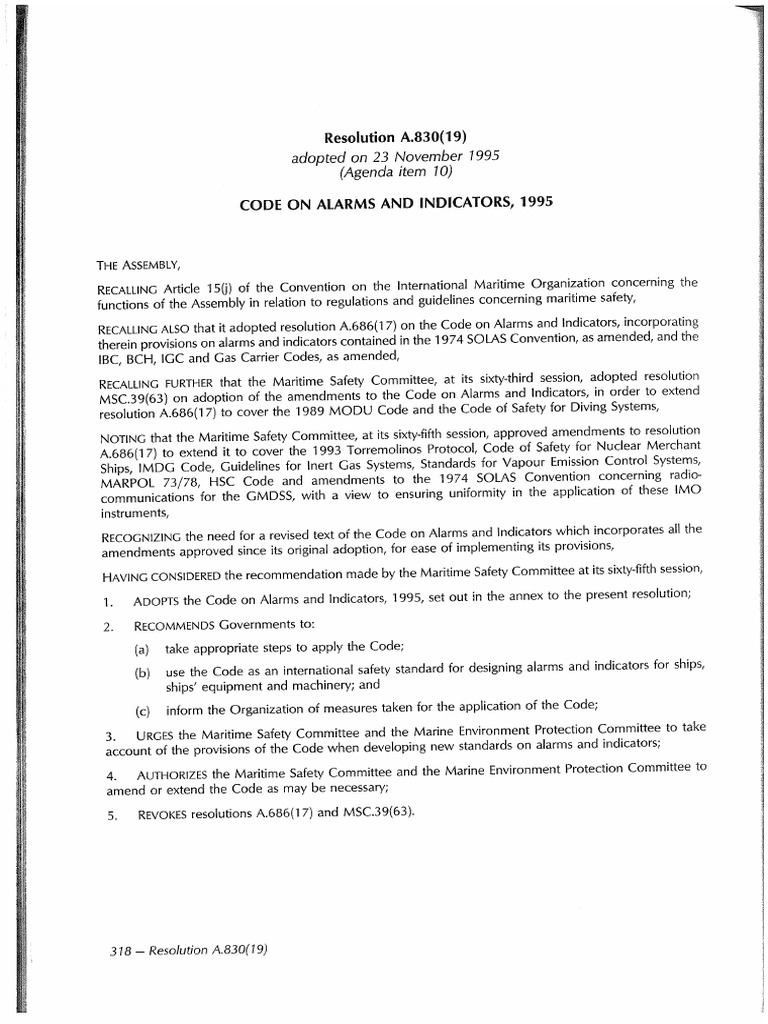 IMO - RES A 830 (19) - 23 November 1995 - CODE ON ALARMS AND INDICATORS ...