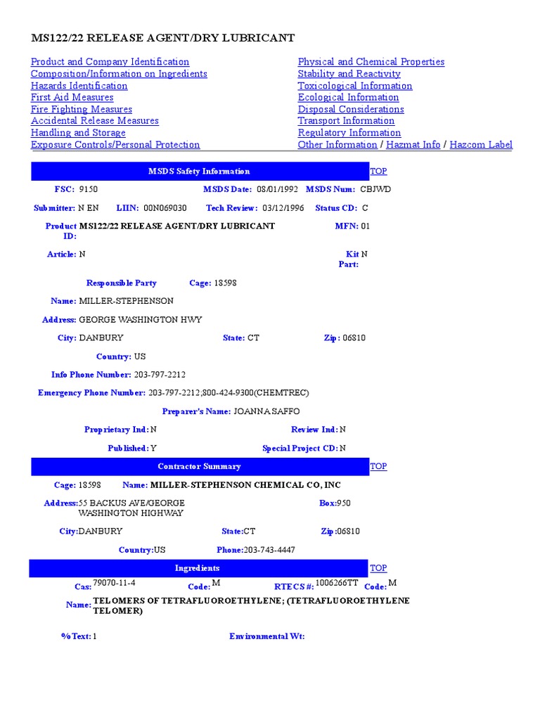 Ms122/22 Release Agent/Dry Lubricant: MSDS Safety Information | PDF ...