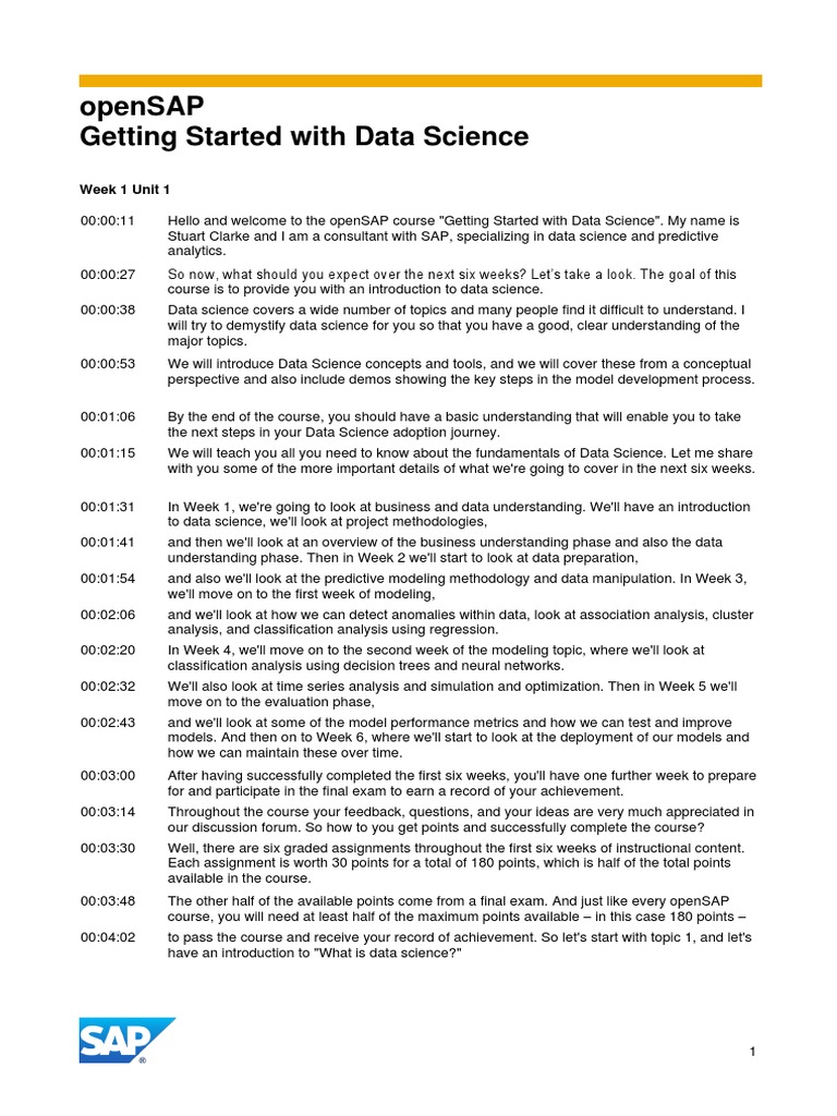 OpenSAP Ds1 Week 1 Transcript | PDF | Data Analysis | Predictive Analytics