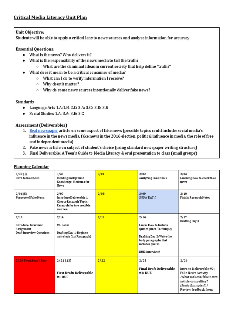 Critical Media Literacy Unit Plan | PDF | Fake News Website | News