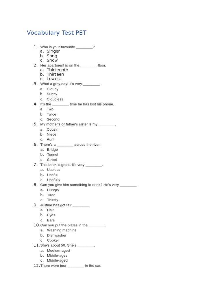 PET Vocabulary List Test | PDF | Leisure