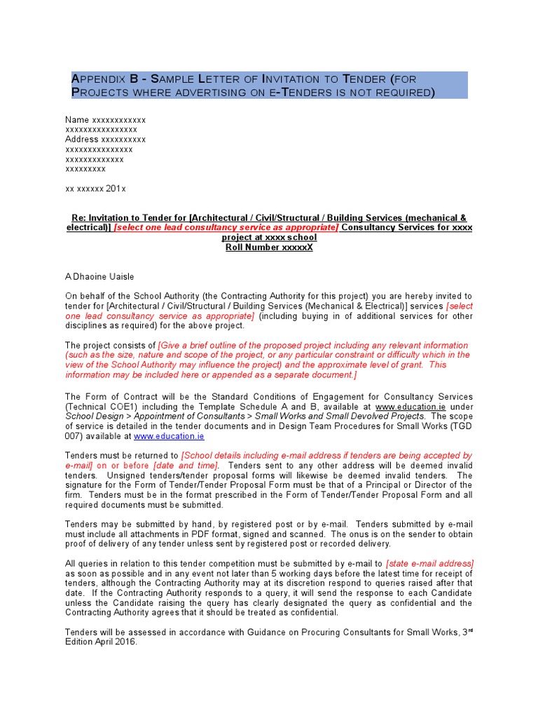 Appendix B Sample Invitation To Tender Letter | PDF | Email | Government
