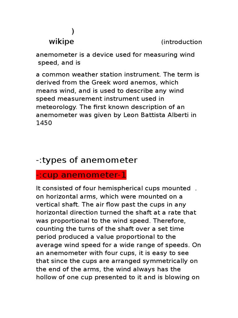 ) Wikipe: Types of Anemometer - : 1 - Cup Anemometer | PDF ...