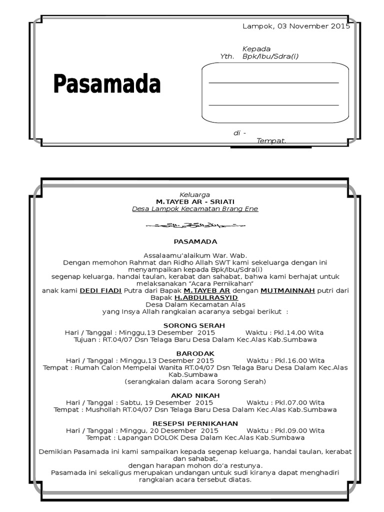Undangan Pasamada Pernikahan Dedi & Mutmainnah | PDF