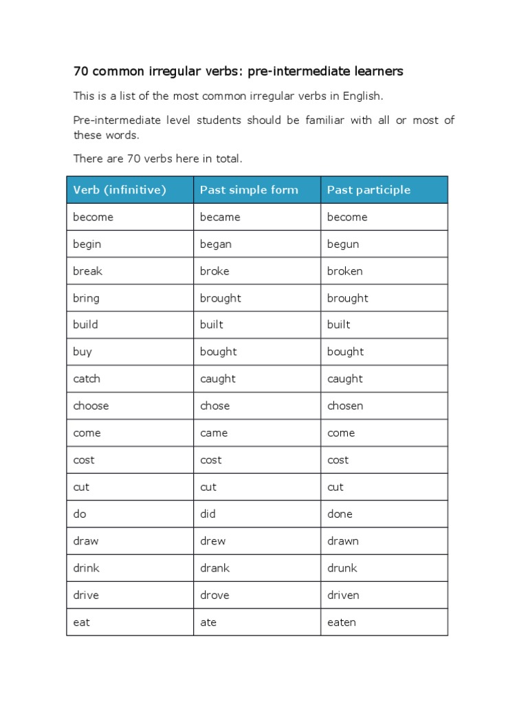70 Common Irregular Verbs List | PDF | Verb | Languages