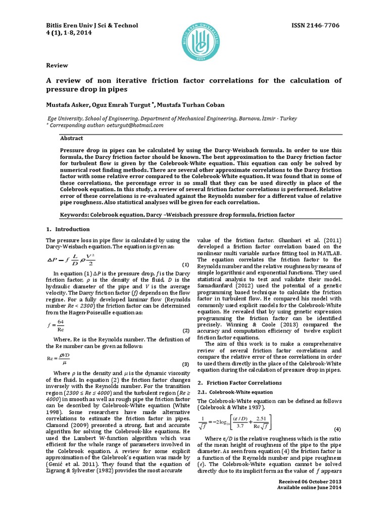 A Review of Non Iterative Friction Factor Correlations For The ...