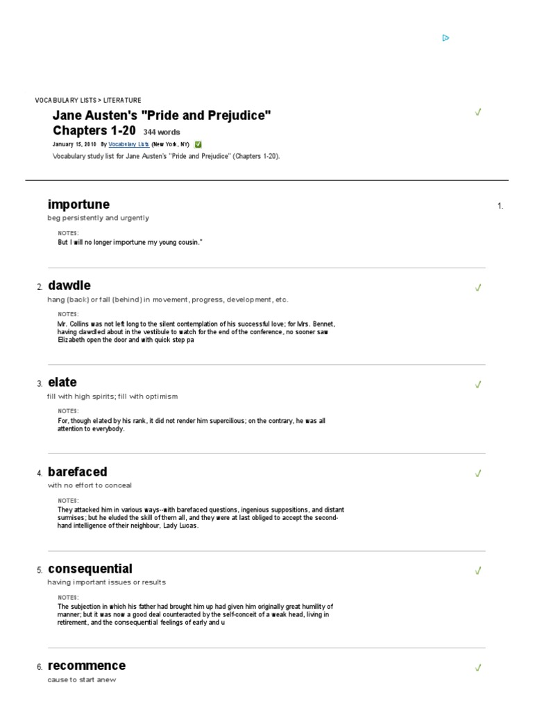 Pride and Prejudice Vocabulary | PDF | Pride And Prejudice | British ...