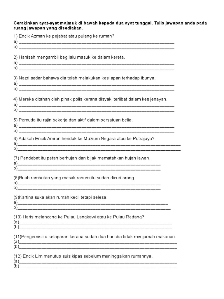 Latihan Cerakin Ayat Majmuk ke Tunggal | PDF