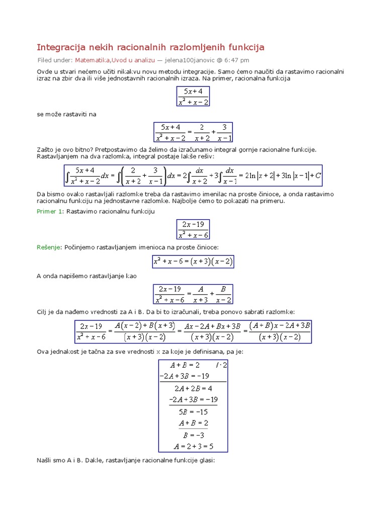 Integracija Nekih Racionalnih Razlomljenih Funkcija | PDF