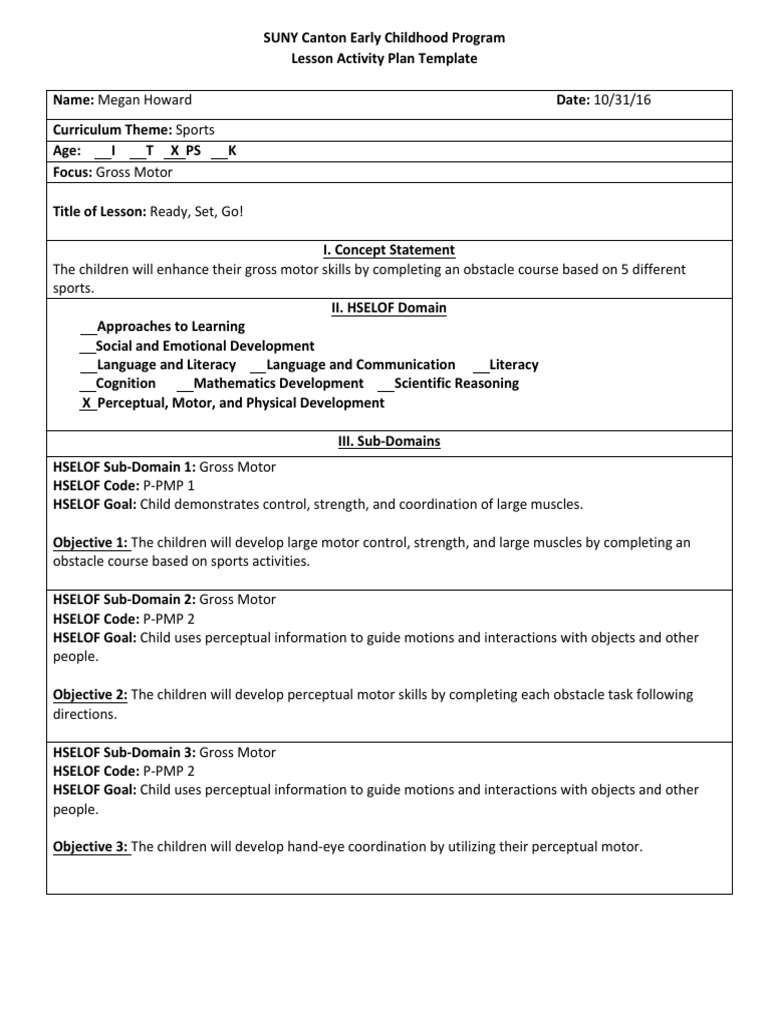 Gross Motor Lesson Plan | PDF | Perception | Lesson Plan