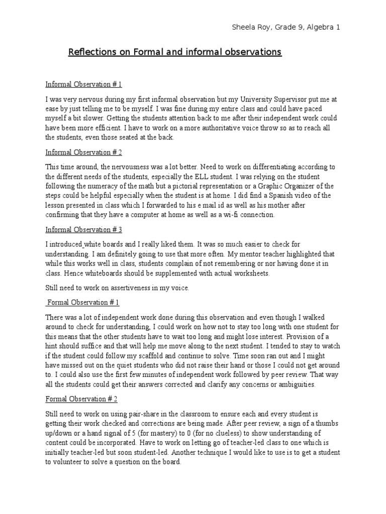 Reflections On Formal and Informal Observations: Sheela Roy, Grade 9 ...