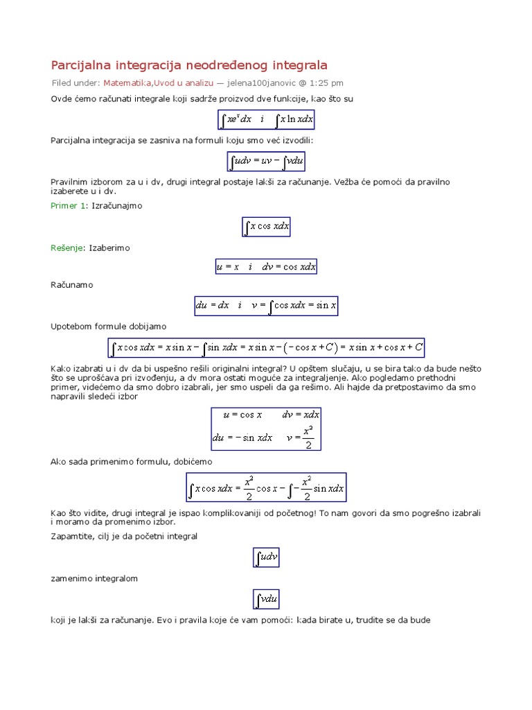 Parcijalna Integracija Neodređenog Integrala
