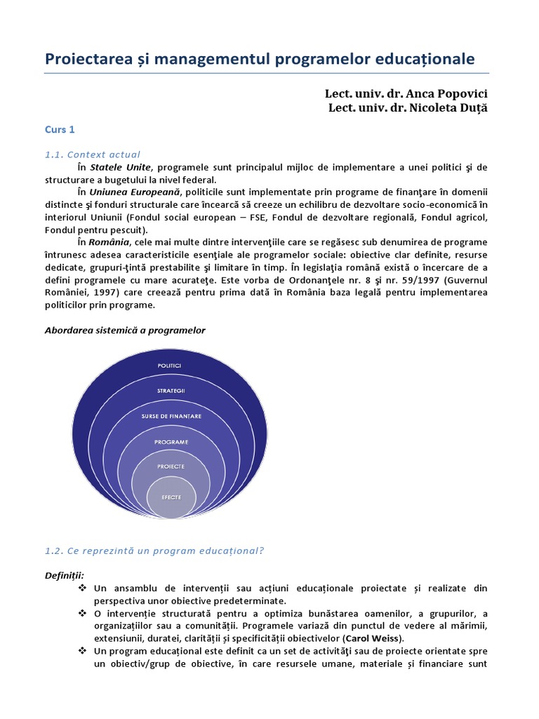 Curs 1 - Proiectarea Si Managementul Programelor Educationale PDF | PDF