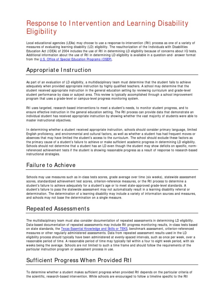 Response To Intervention and Learning Disability Eligibility | PDF