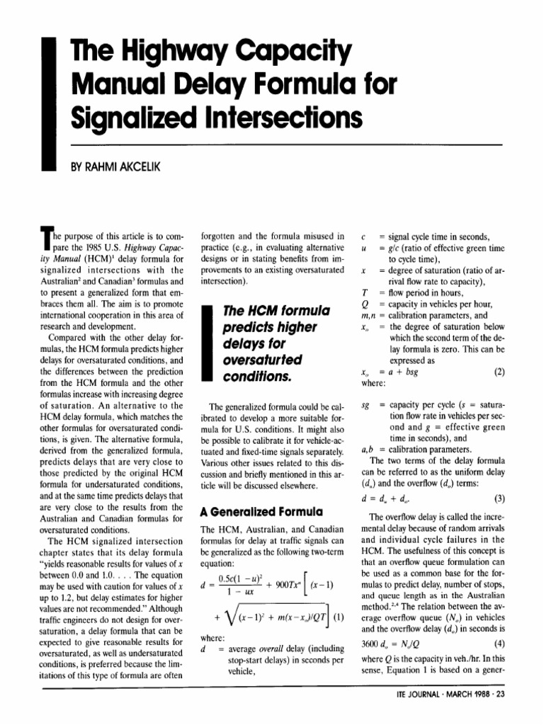 The Highway Capacity Manual Delay Formula For Signalized Intersections ...