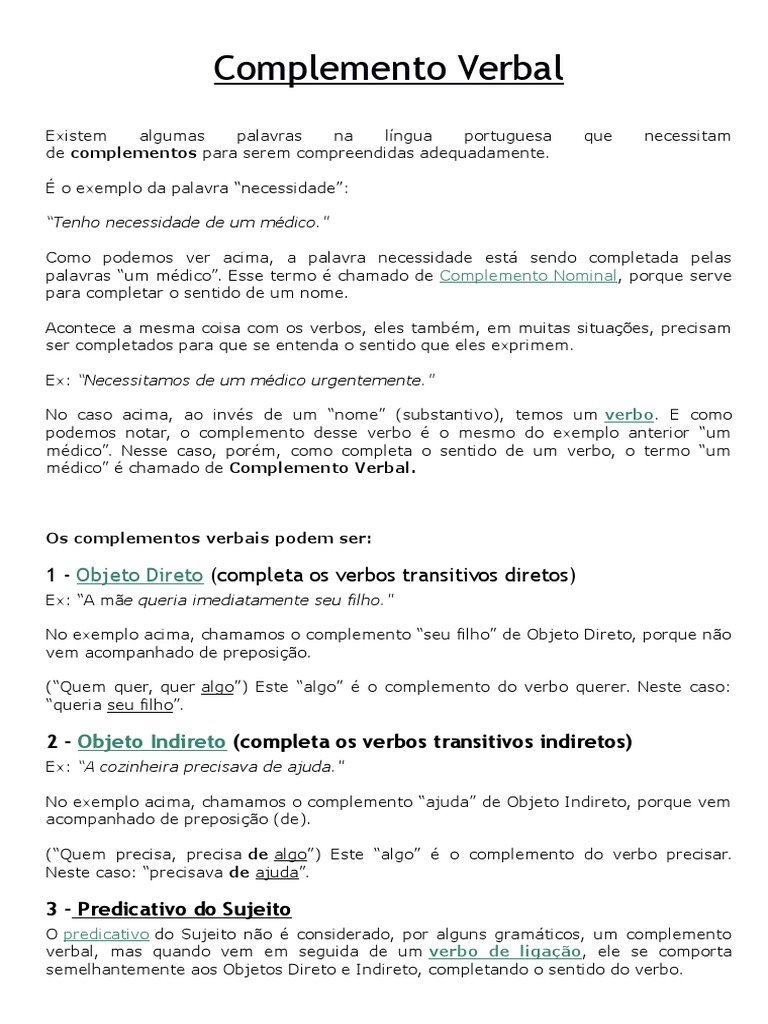 Complemento Verbal 8o Ano | Objeto (Gramática) | Regras