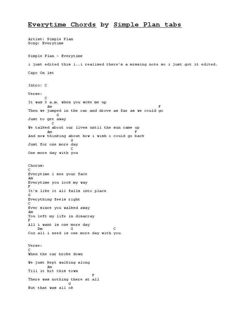 Everytime Chords by Simple Plan Tabs | PDF | Song Structure | American ...