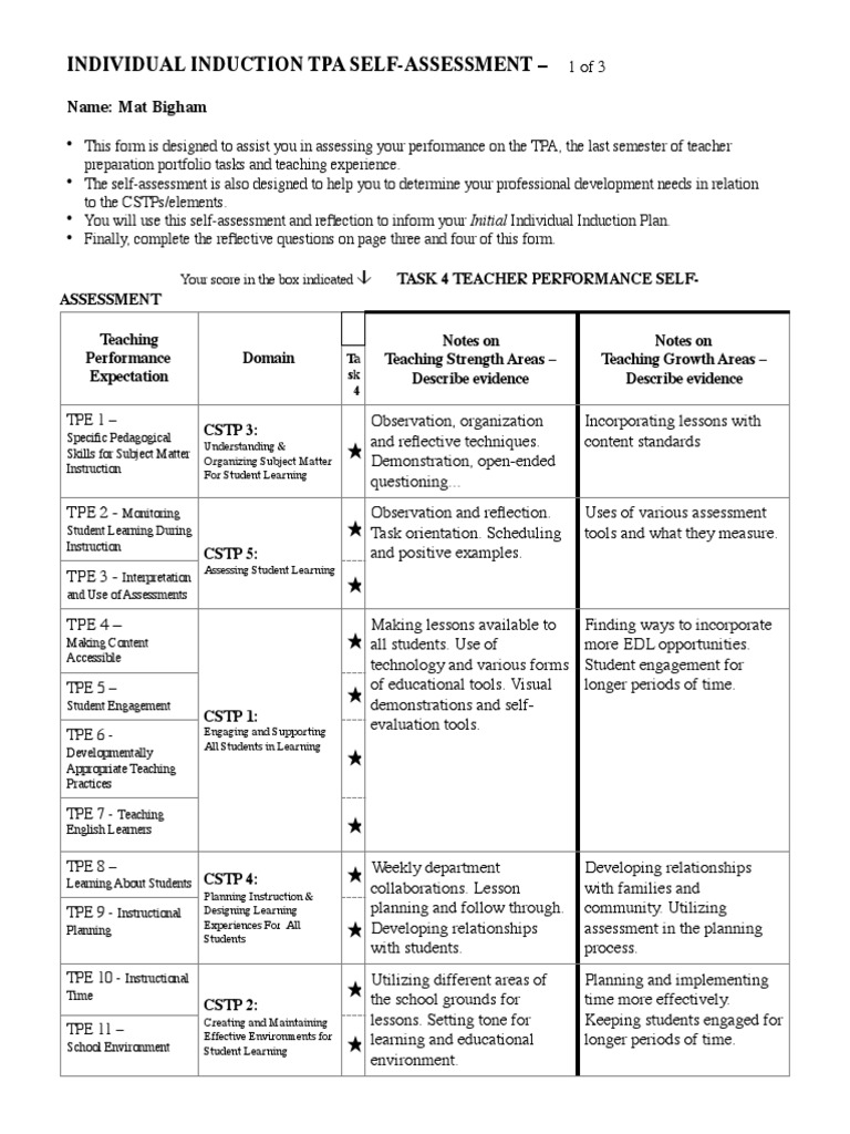 Lausd Tpa Self Assessment-1 | PDF | Educational Assessment | Teachers