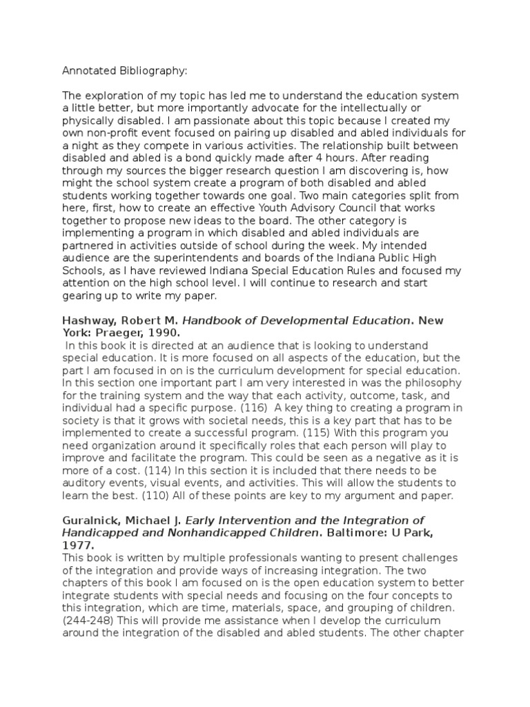 Annotated Bibliography | PDF | Special Education | Disability