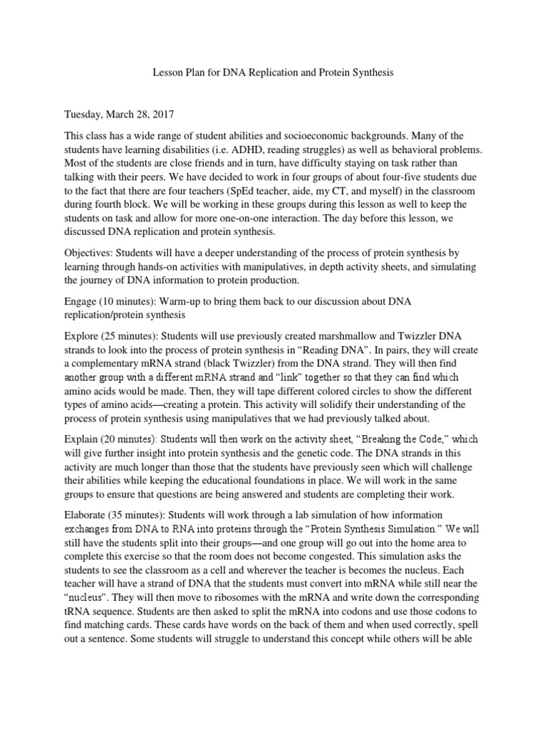 Dna Replication and Protein Synthesis Lesson Plan | PDF | Messenger Rna ...