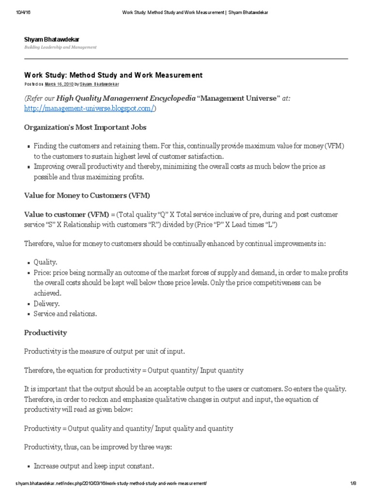 Work Study Method Study And Work Measurement Shyam Bhatawdekar