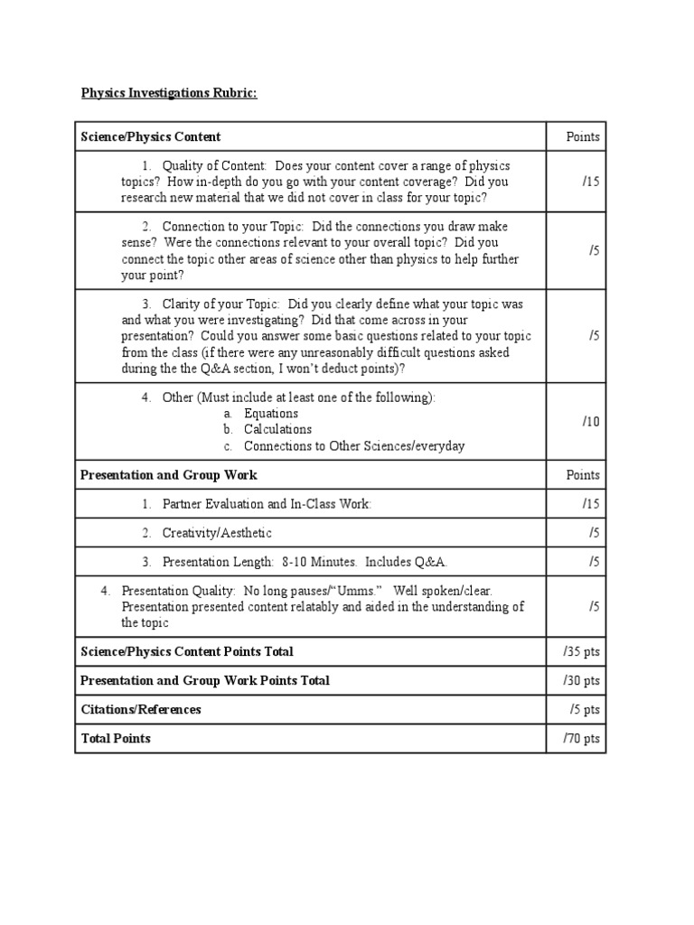 Physics Investigations Rubric: Science/Physics Content | PDF