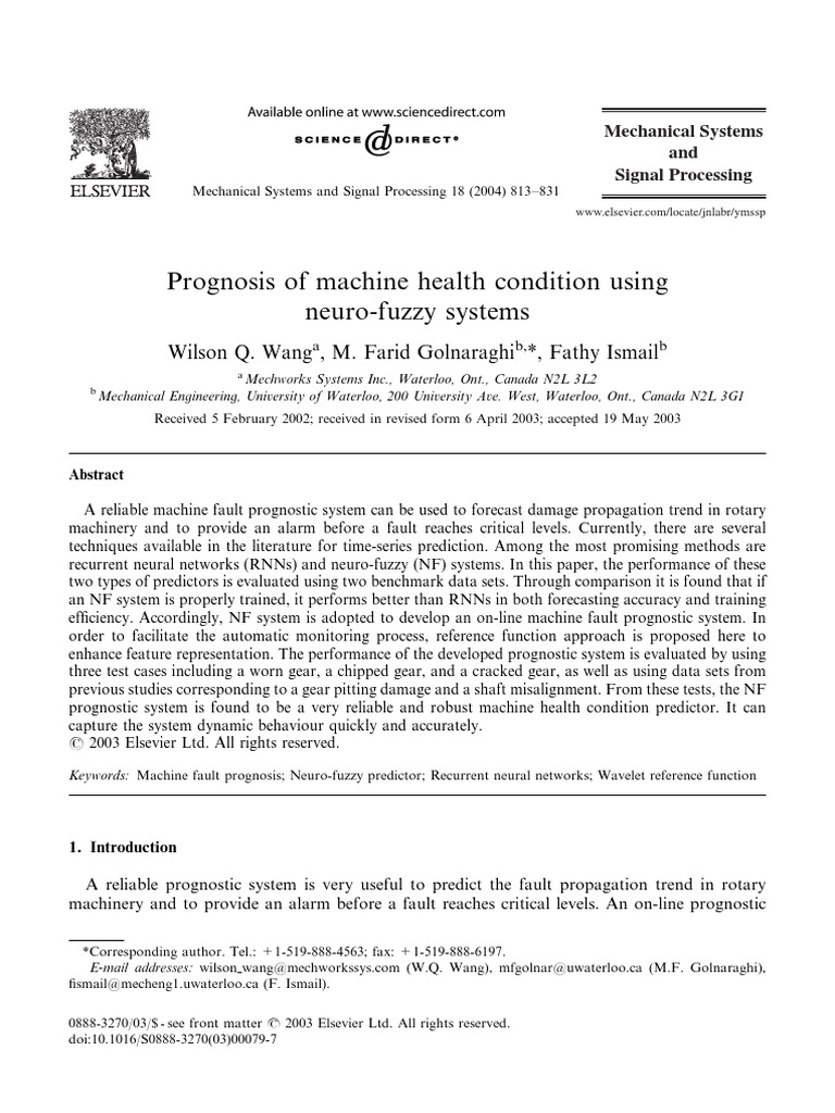 Prognosis of Machine Health Condition Using Neuro-Fuzzy Systems | PDF ...