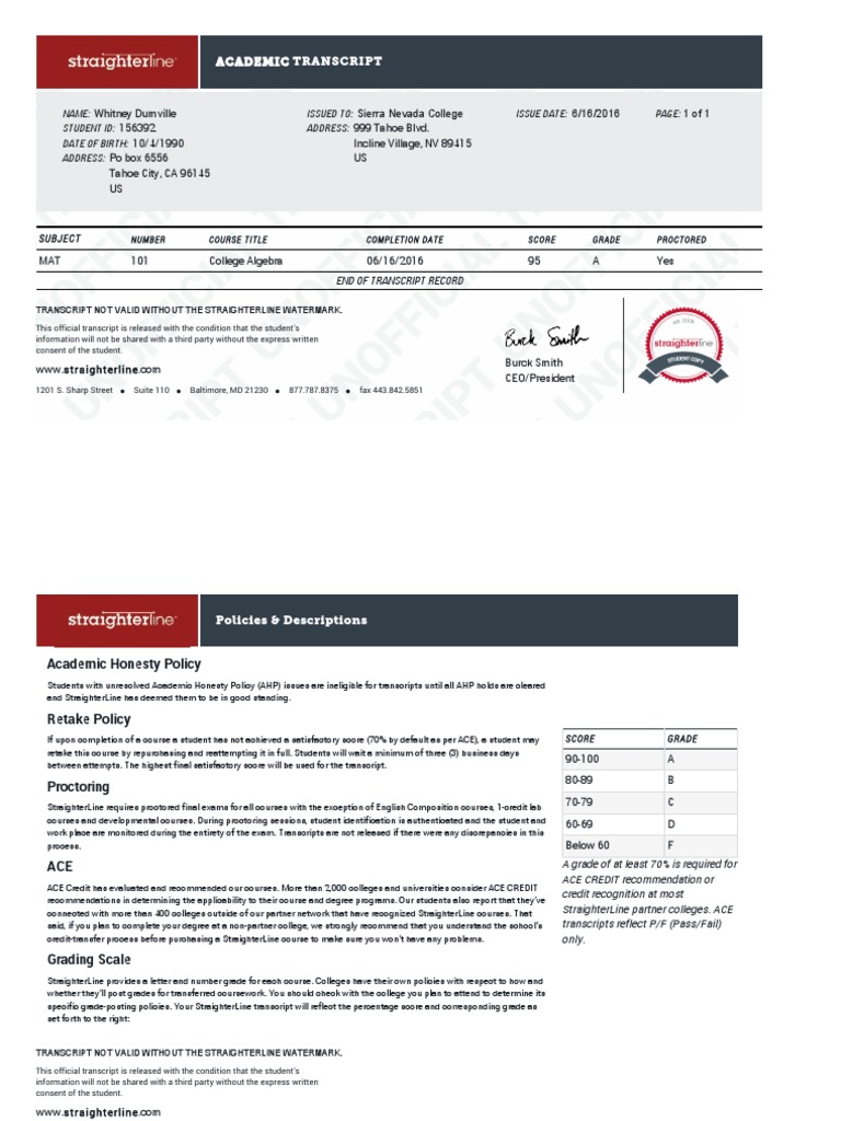 Straighterline Transcript 2016616 37 | PDF | Academia | Students