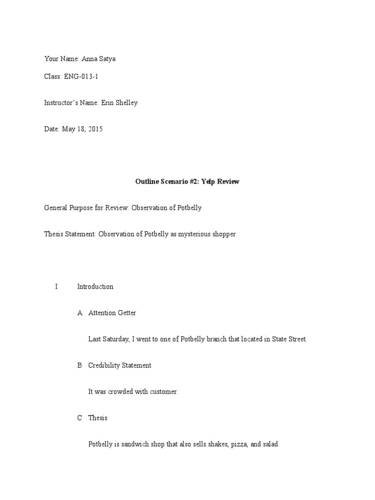 Outline Scenario #2: Yelp Review | PDF | Foods | Restaurant And Catering